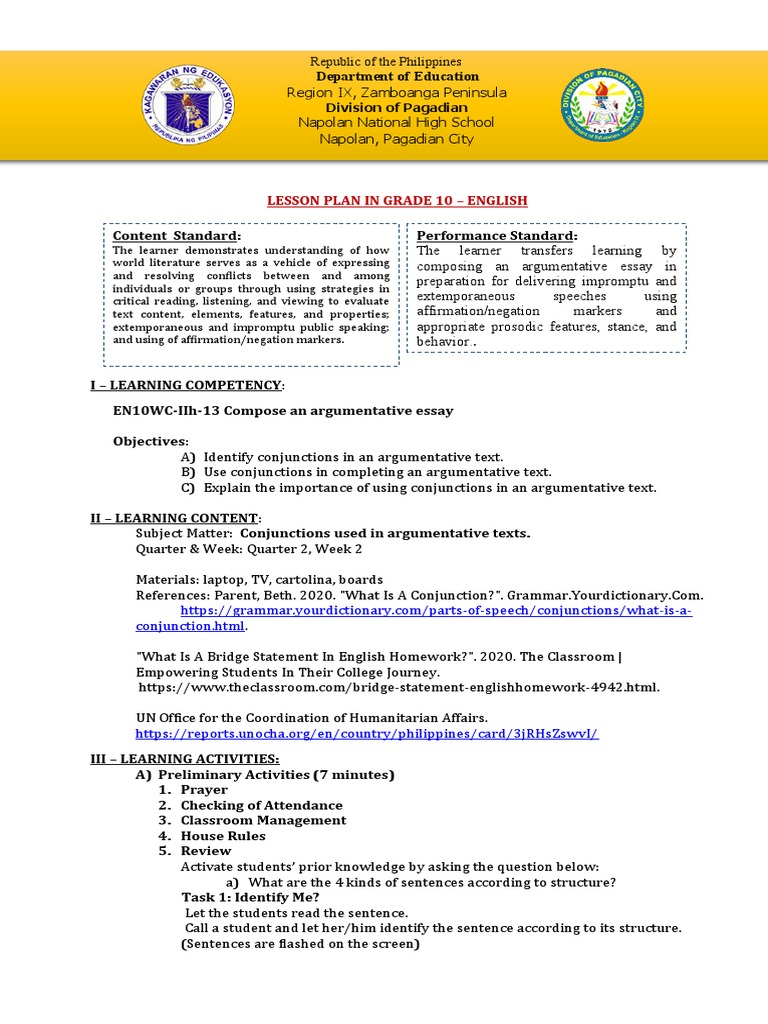 Conjunctions in Argumentative Essays | PDF | Lesson Plan | Learning