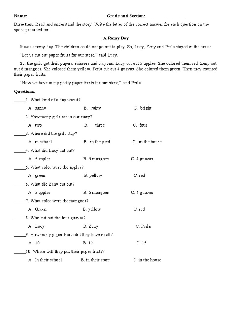 Rainy Day Story Comprehension Quiz | PDF