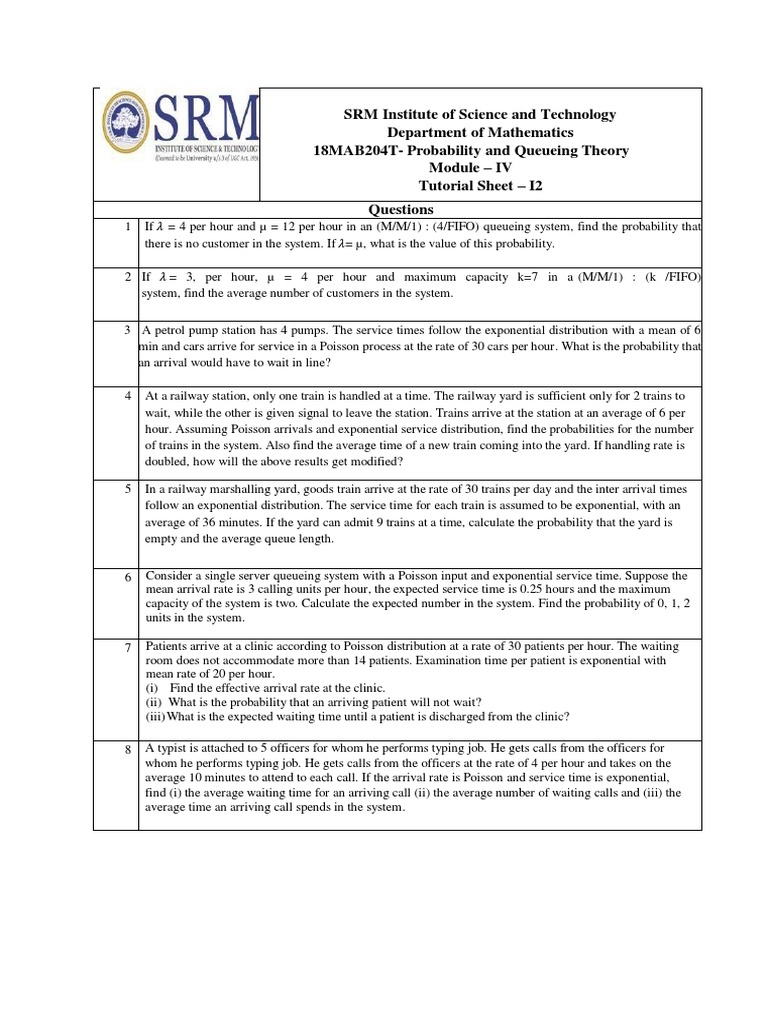 SRM Institute of Science and Technology Department of Mathematics 18MAB204T-Probability and ...