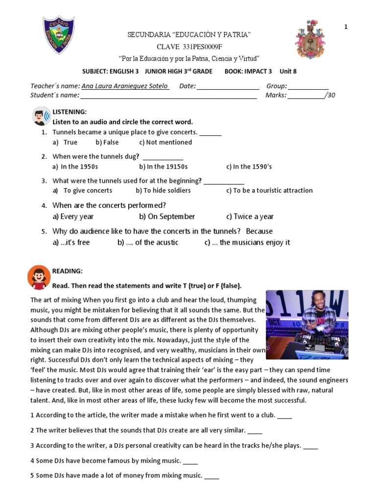 AAranieguez Test Junior 3 Unit8 2022 | PDF | Performing Arts | Disc Jockey