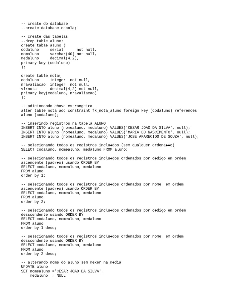 Script Escola | PDF | Bancos de dados | SQL