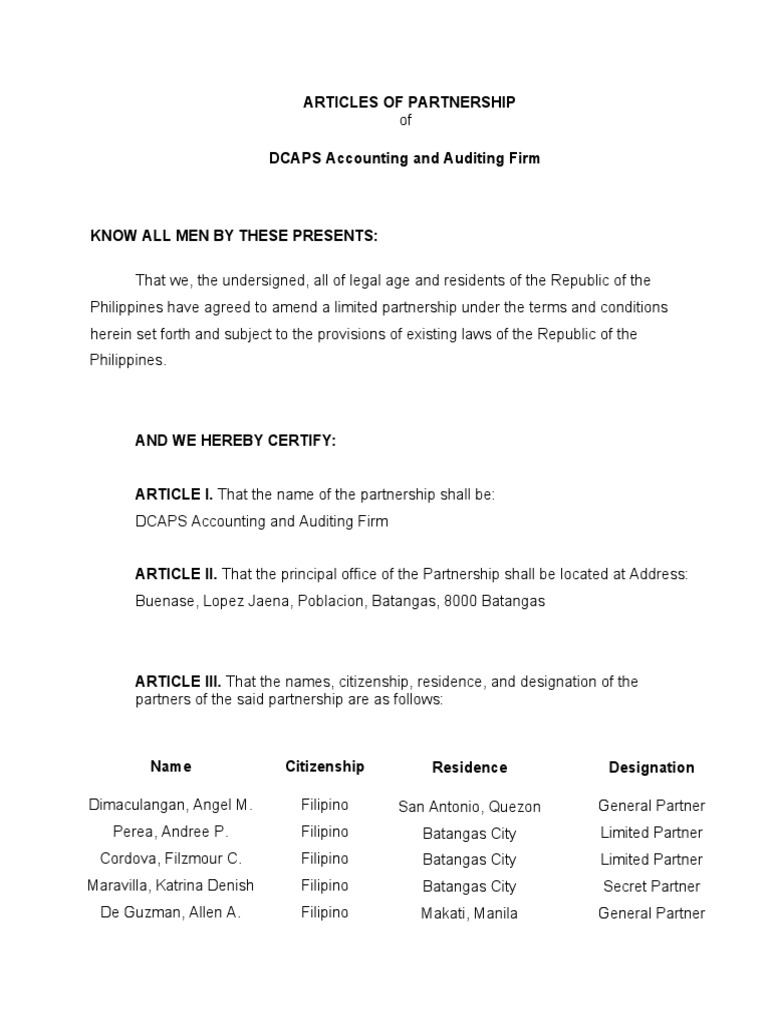 Articles of Partnership | PDF | Philippines | Partnership