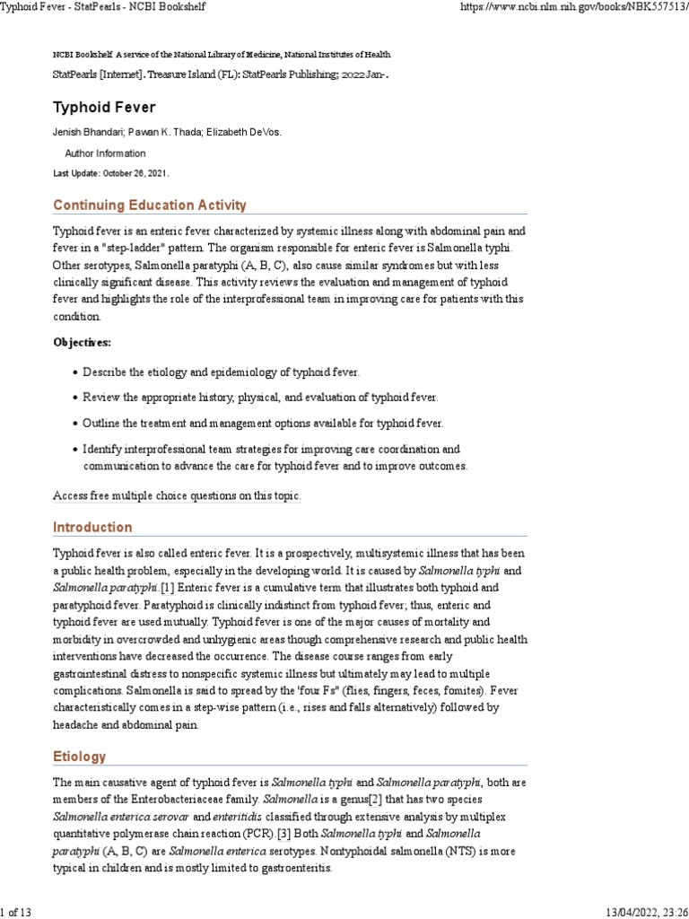 Typhoid Fever - StatPearls - NCBI Bookshelf | PDF | Salmonella ...
