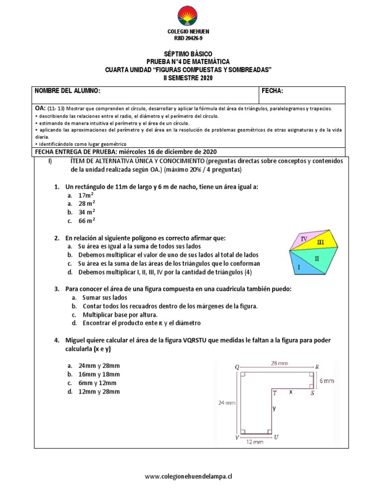 Evaluación Cuarta Unidad II Semestre Matemática 7mo | PDF | Triángulo | Multiplicación