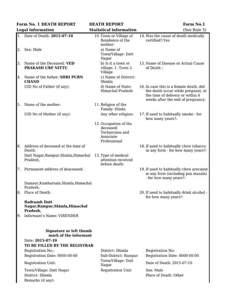 Form No. 1 Death Report Death Report Form No.1 Legal Information ...