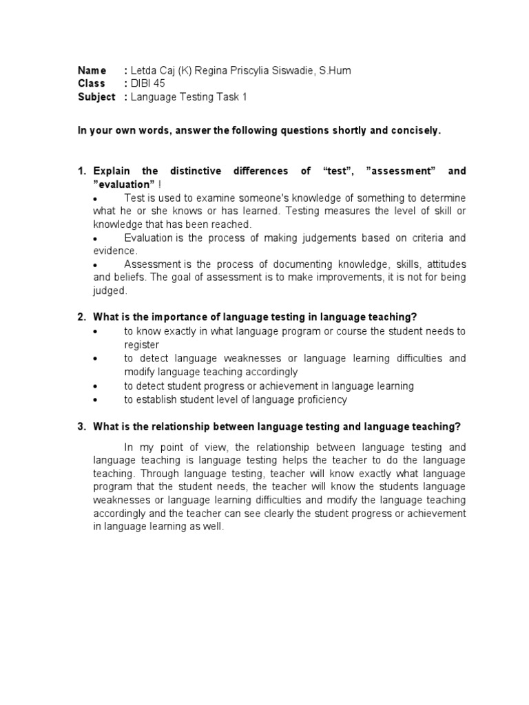 Language Testing Assignment 1 Regina | PDF | Career & Growth | Self ...