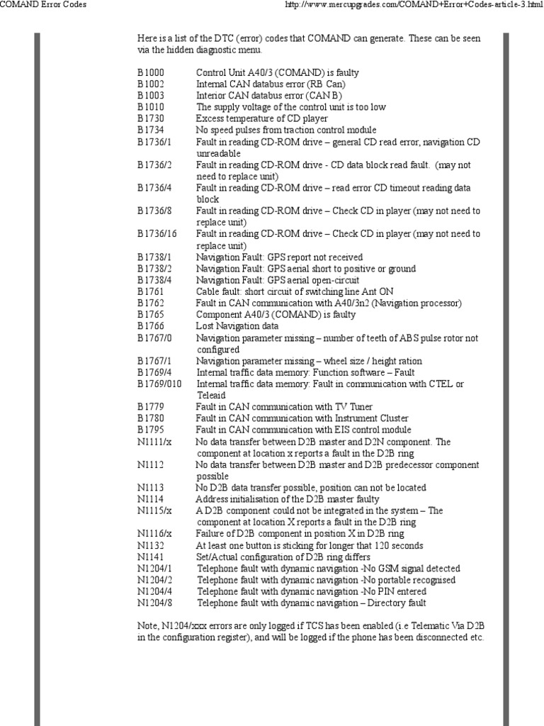 COMAND Error Codes | PDF | Telephone | Data Transmission