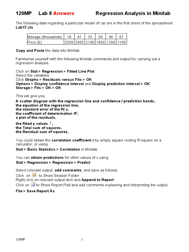 120MP Lab 8 Regression Analysis in Minitab: Answers | PDF | Regression ...