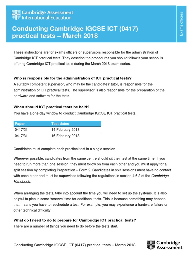Conducting Cambridge IGCSE ICT (0417) Practical Tests - March 2018 ... Conducting Cambridge IGCSE ICT (0417) Practical Tests - March 2018 ...