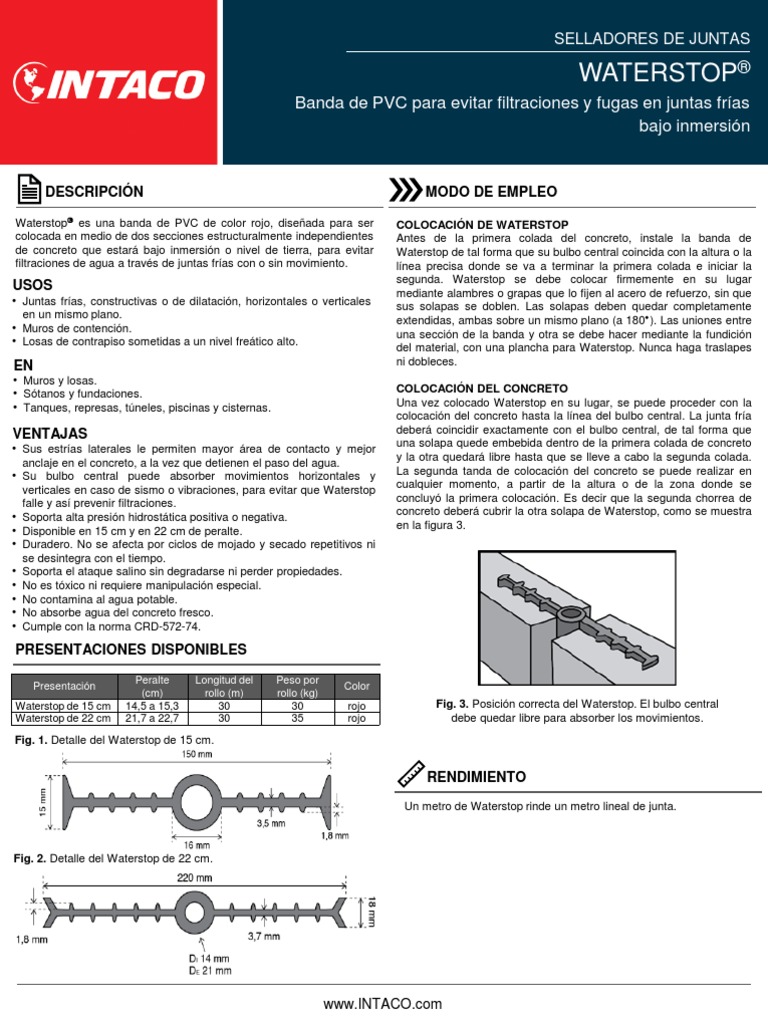 Ficha Tecnica INTACO Waterstop | PDF | Hormigón | Agua