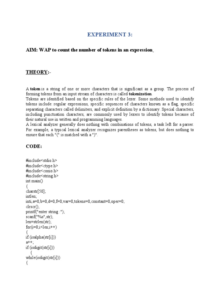 Experiment 3:: AIM: WAP To Count The Number of Tokens in An Expression | PDF