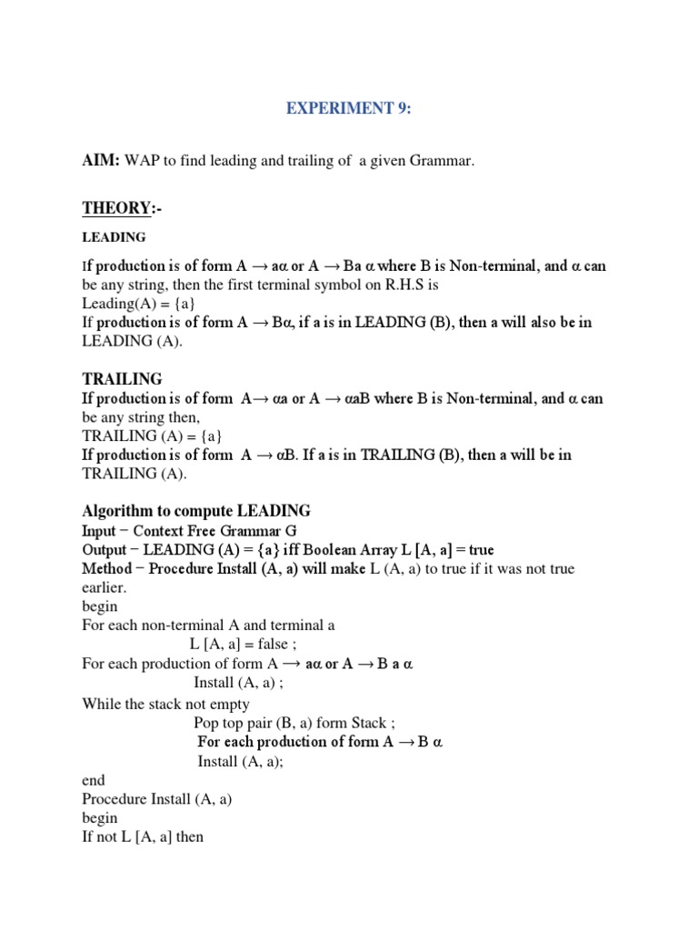 Computing the Leading and Trailing Terminals of a Context Free Grammar | PDF | Theoretical ...
