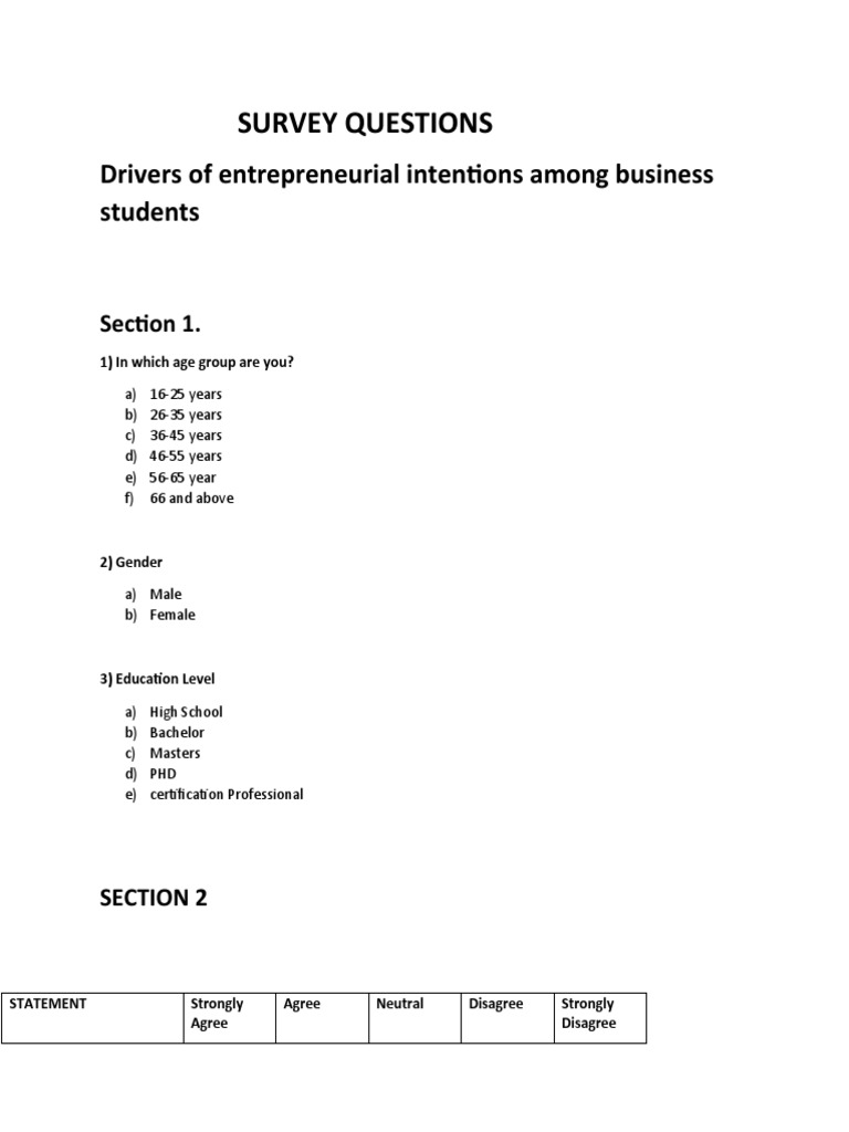 Survey Questions: Drivers of Entrepreneurial Intentions Among Business ...