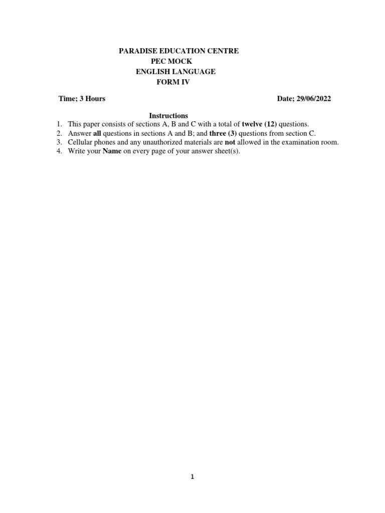F4-English-Pec Mock 2022 | PDF | English Language | Swahili Language