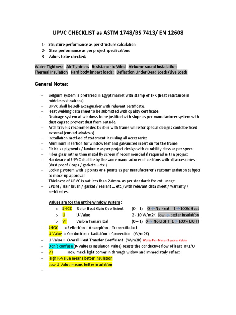 UPVC CHECKLIST As ASTM 1748/BS 7413/ EN 12608: General Notes | PDF ...