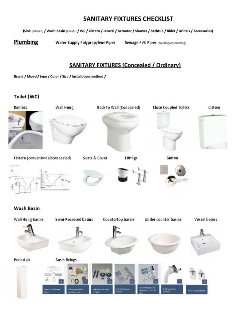 Sanitary Fixtures Checklist Guide | PDF | Tap (Valve) | Sink