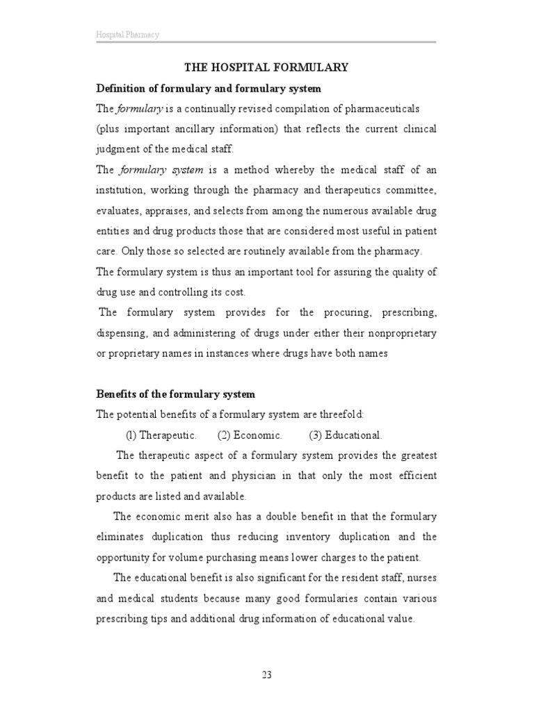 The Hospital Formulary Definition of Formulary and Formulary System ...