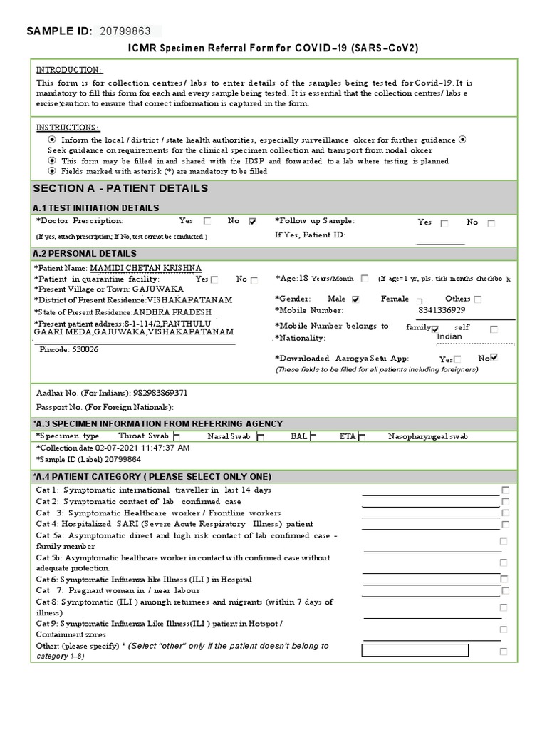 Sample Id: 20799863 Icmr Specimen Referral Form For Covid-19 (Sars-Cov2 ...