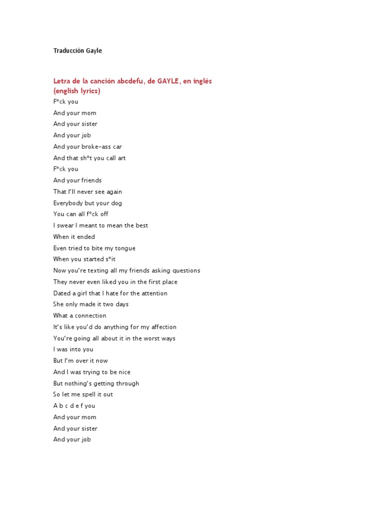 Letra de La Canción Abcdefu, de GAYLE, en Inglés (English Lyrics) | PDF