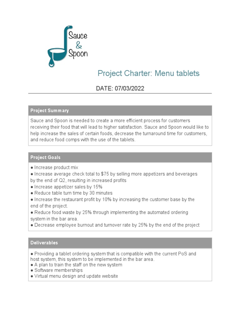 Project Charter: Menu Tablets: DATE: 07/03/2022 | Download Free PDF ...