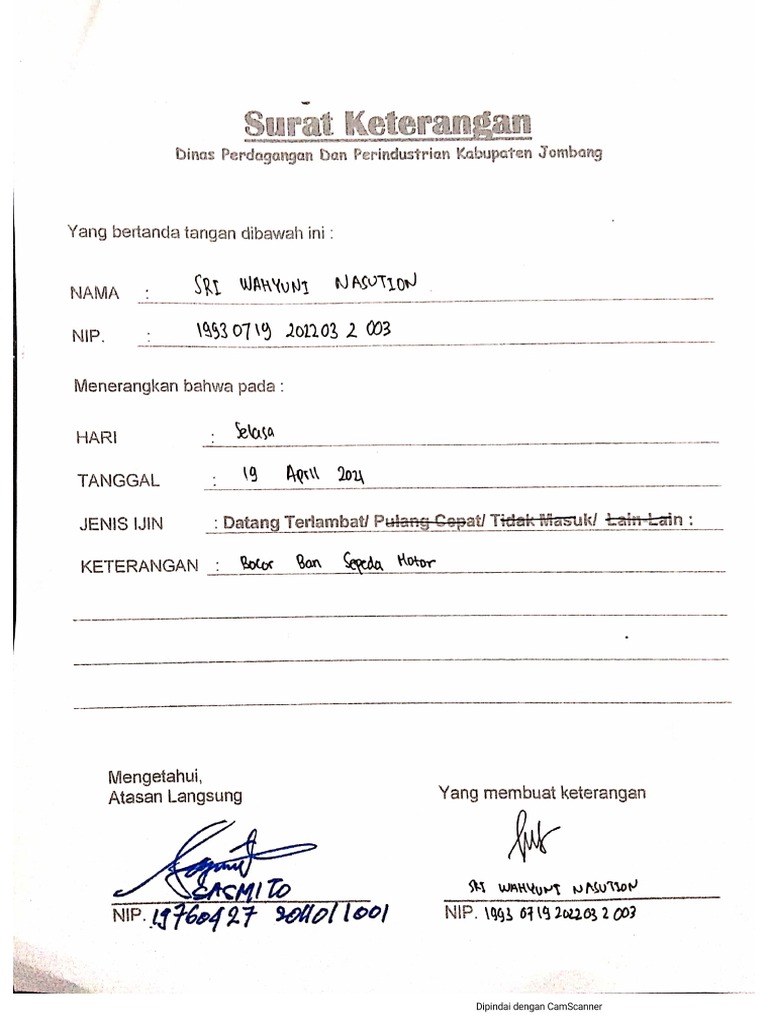 Surat Keterangan Ijin Datang Terlambat | PDF