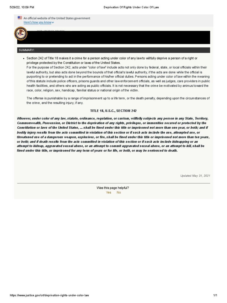 Deprivation of Rights Under Color of Law | PDF | Law Of The United ...