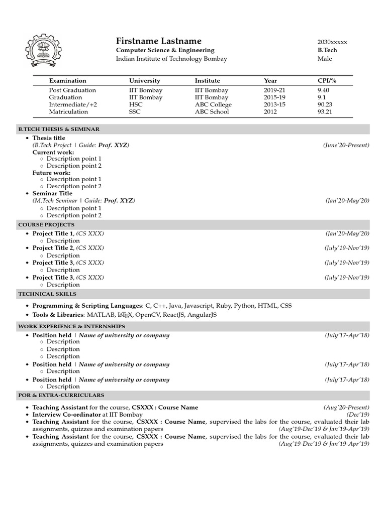 IIT Bombay CSE Student Resume Template | PDF | Information Technology ...