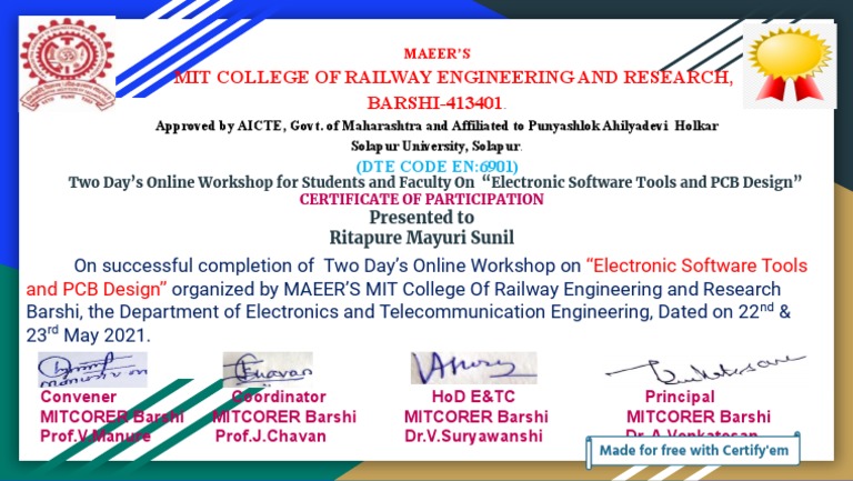 Certificate For Ritapure Mayuri Sunil For "Feedback - Two Day's Online ... " | PDF | Technology ...