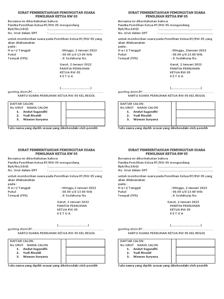 Surat Pemberitahuan Pemungutan Suara Dan Kartu Suara | PDF Surat Pemberitahuan Pemungutan Suara Dan Kartu Suara | PDF