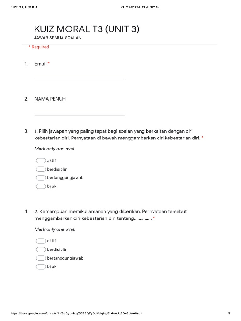 KUIZ MORAL T3 (UNIT 3) - Google Forms | PDF