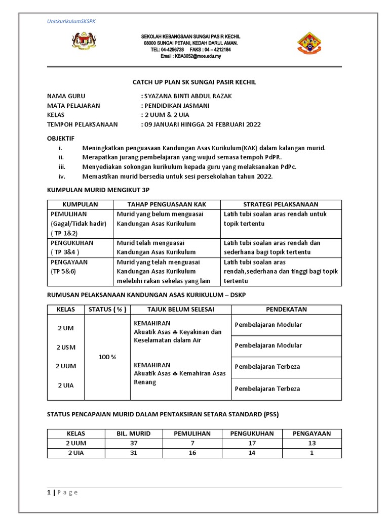 Catch Up Plan Tahun 2 PJ | PDF