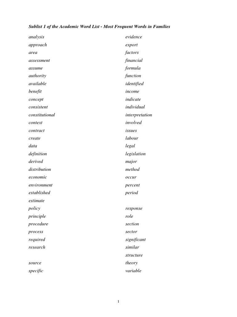 Sublist 1 of The Academic Word List - Most Frequent Words in Families | PDF | Evaluation | Cognition