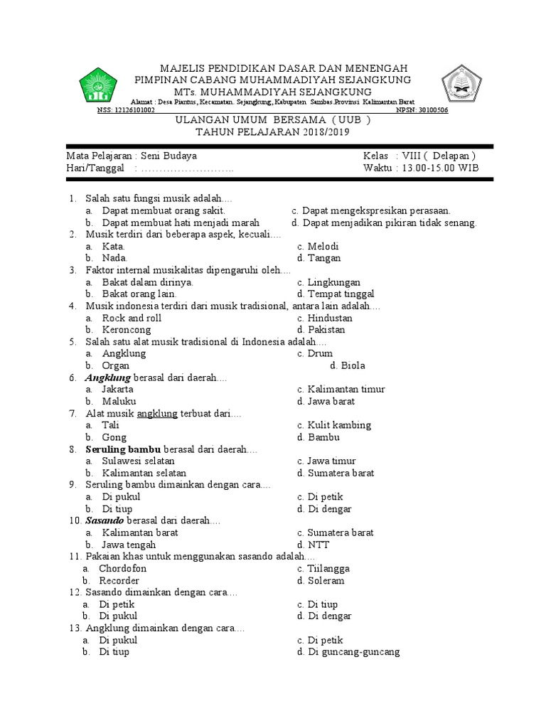 Soal Ulangan Seni Budaya Kelas Viii | PDF