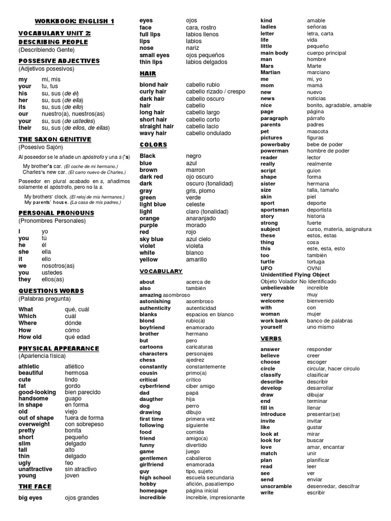 Vocabulary Workbook 1 Unit 2 | PDF