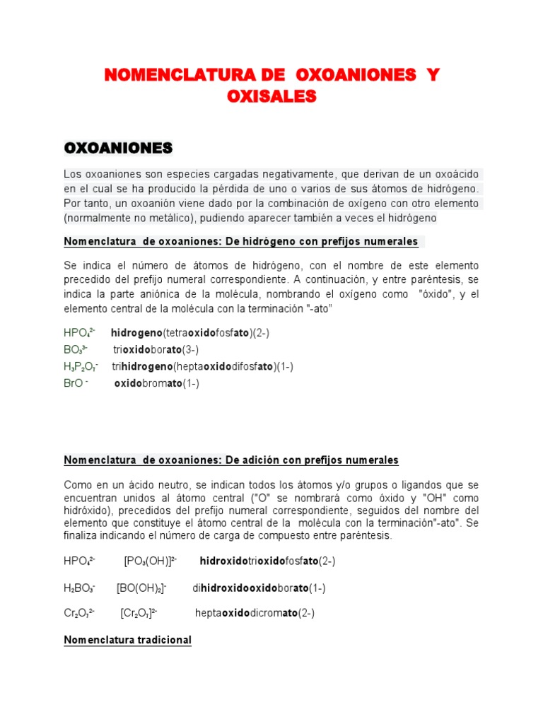 Nomenclatura de Oxoaniones y Oxisales | PDF | Química Física | Sustancias químicas