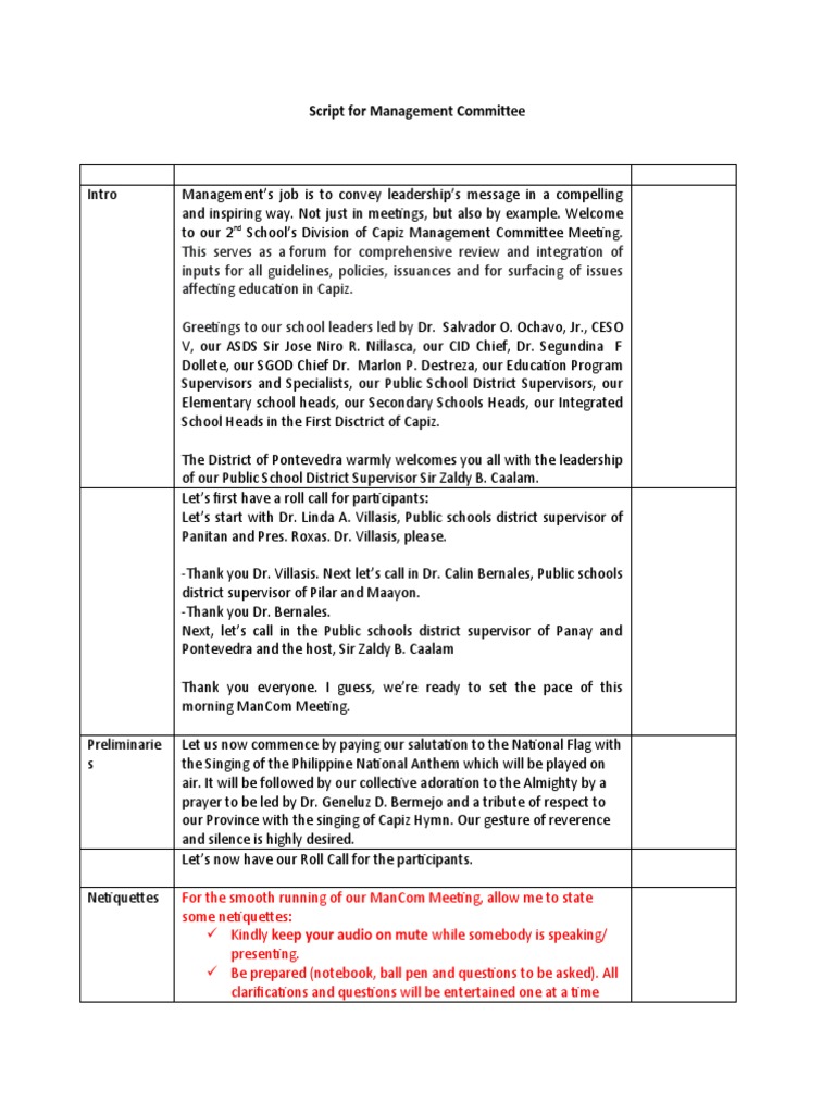 Script For Management Committee | PDF