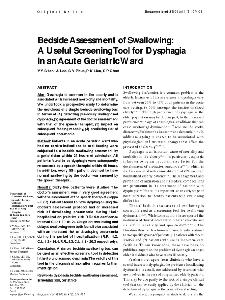 Bedside Swallowing Assessment in Geriatrics | PDF | Speech Language ...