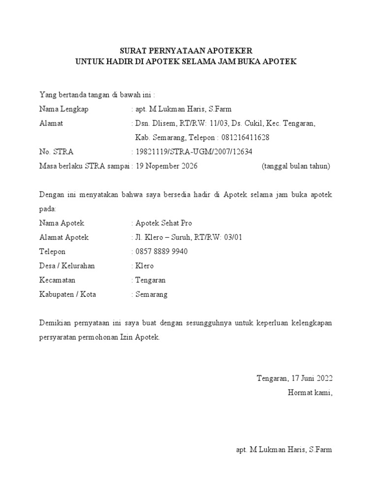 Surat Pernyataan Apoteker Standby | PDF