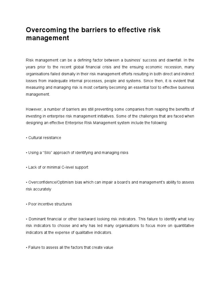 Overcoming Barriers To Effective Risk Managememt | PDF | Enterprise ...