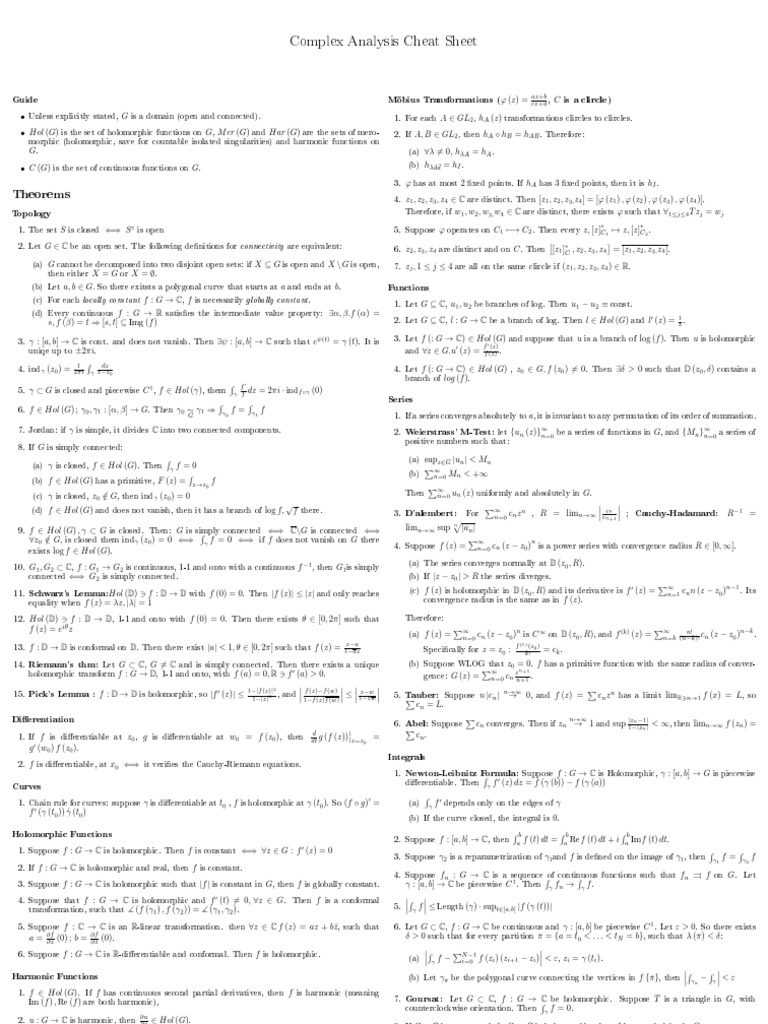 Complex Analysis Theorem Cheat Sheet Holomorphic Function Complex Analysis