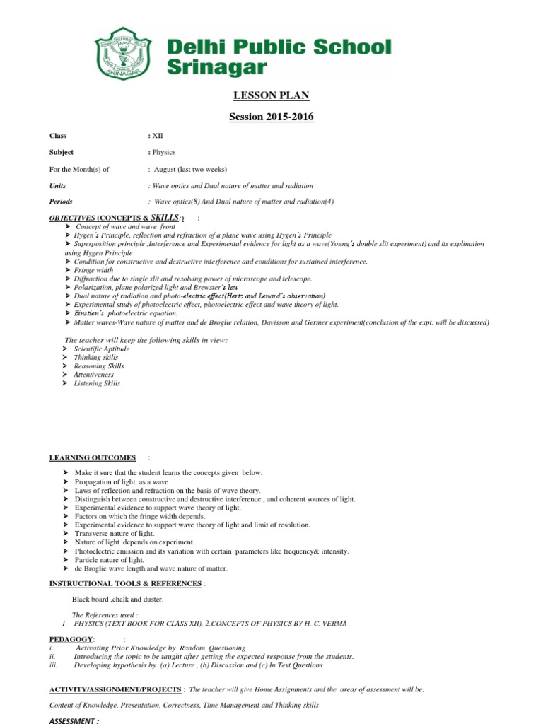 Lesson Plan Session 2015-2016: Class: Xii Subject: Physics | Download ...