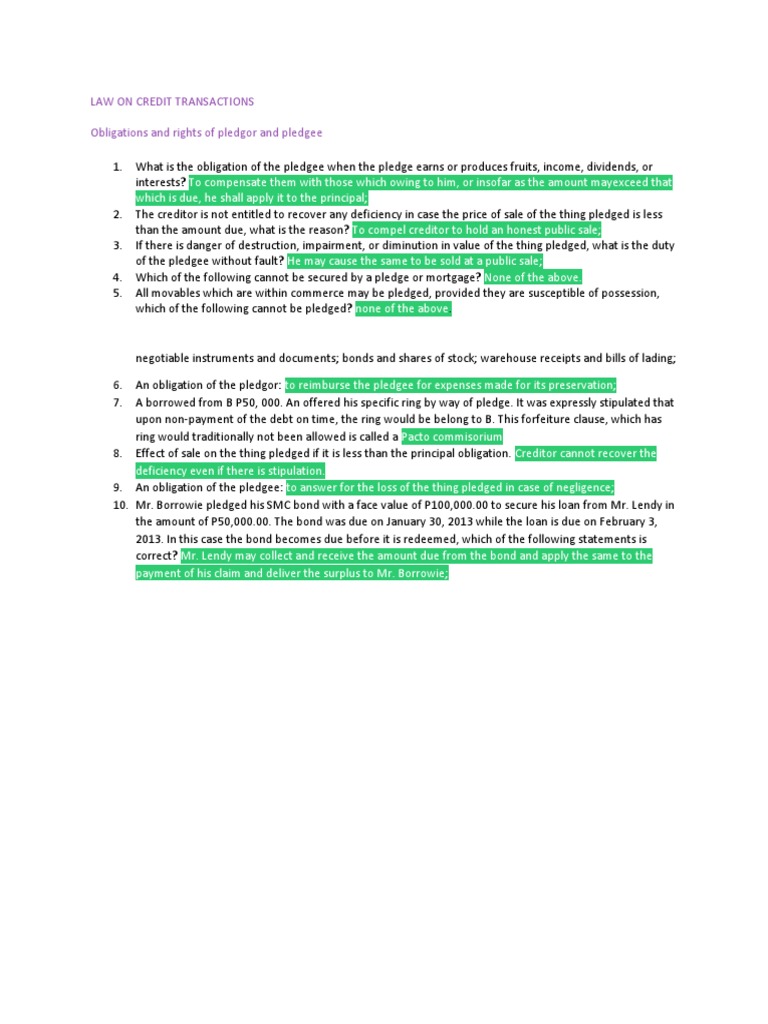 Obligations and Rights of Pledgor and Pledgee | PDF