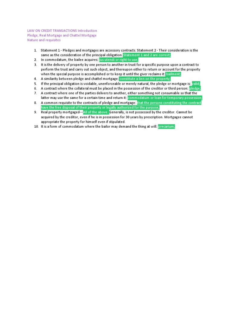 Pledge, Real Mortgage and Chattel Mortgage | PDF