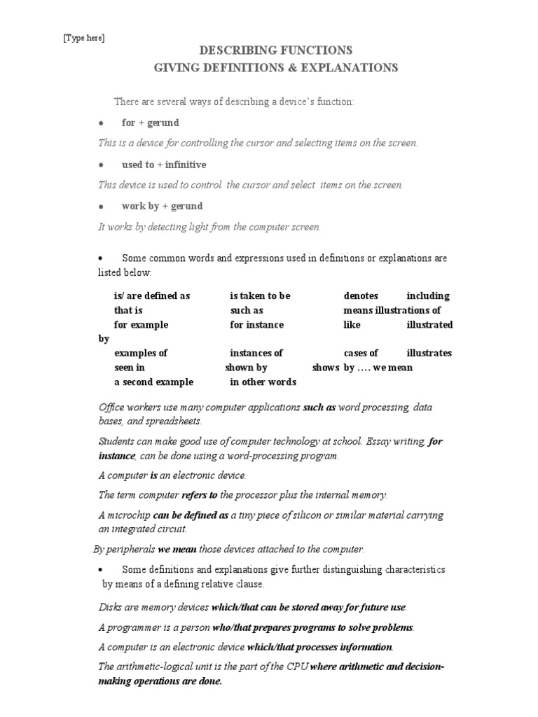 Describing Functions Giving Definitions & Explanations: There Are ...