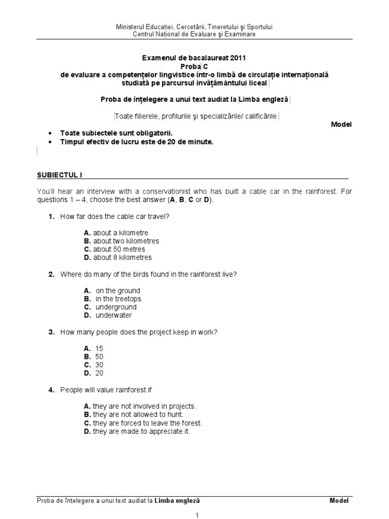 Proba C Competente Lingvistice Limba Engleza Model Subiect | PDF ...
