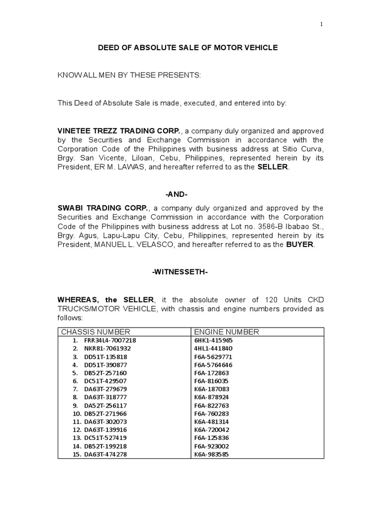 Deed of Sale Motor Vehicle Vinetee Trezz 2 | PDF | Common Law | Private Law