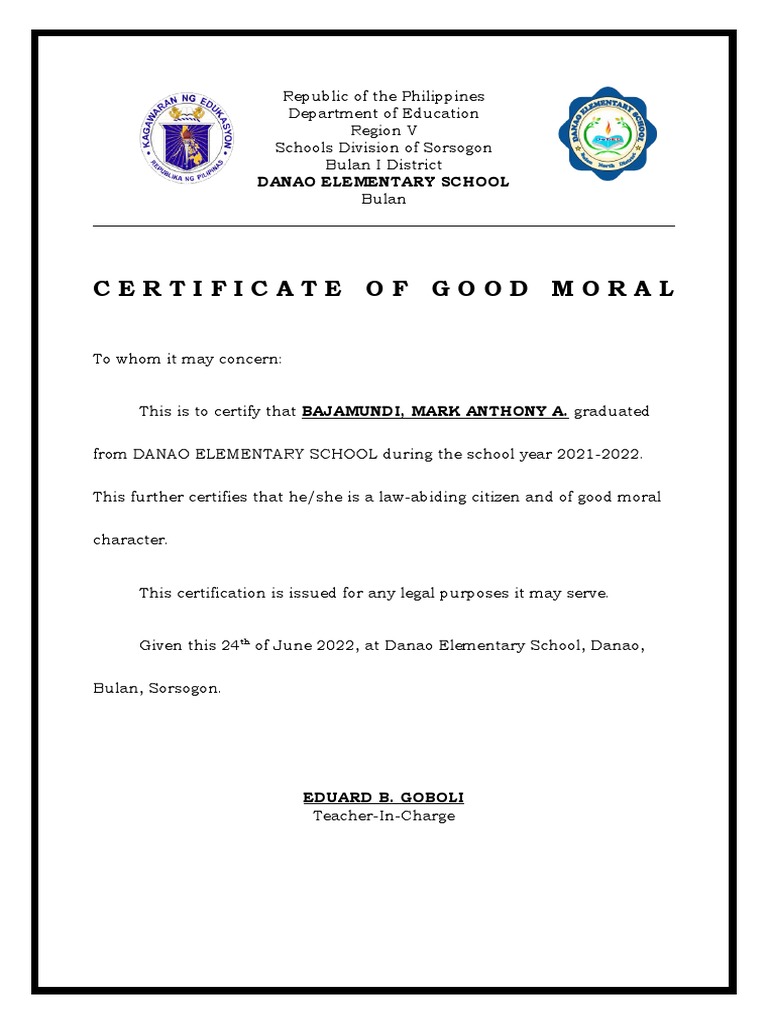 GOOD MORAL Cert | PDF | Philippines | Government Institutions