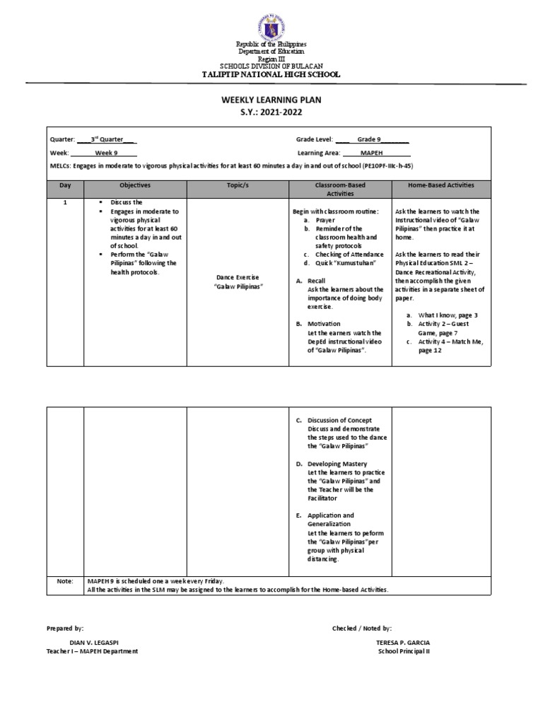 Mapeh 9 WLP Q3 Week 9 | PDF | Communication | Pedagogy