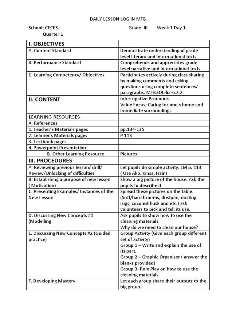Daily Lesson Log in MTB | PDF | Learning | Teaching