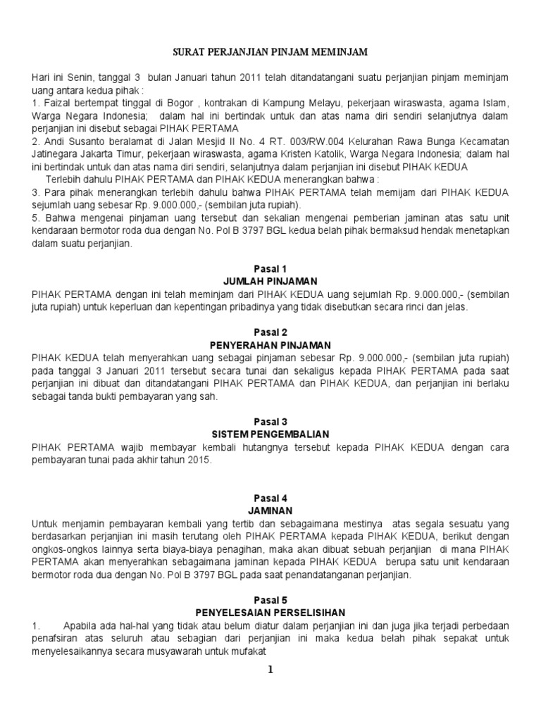 Surat Perjanjian Pinjam Meminjam | PDF